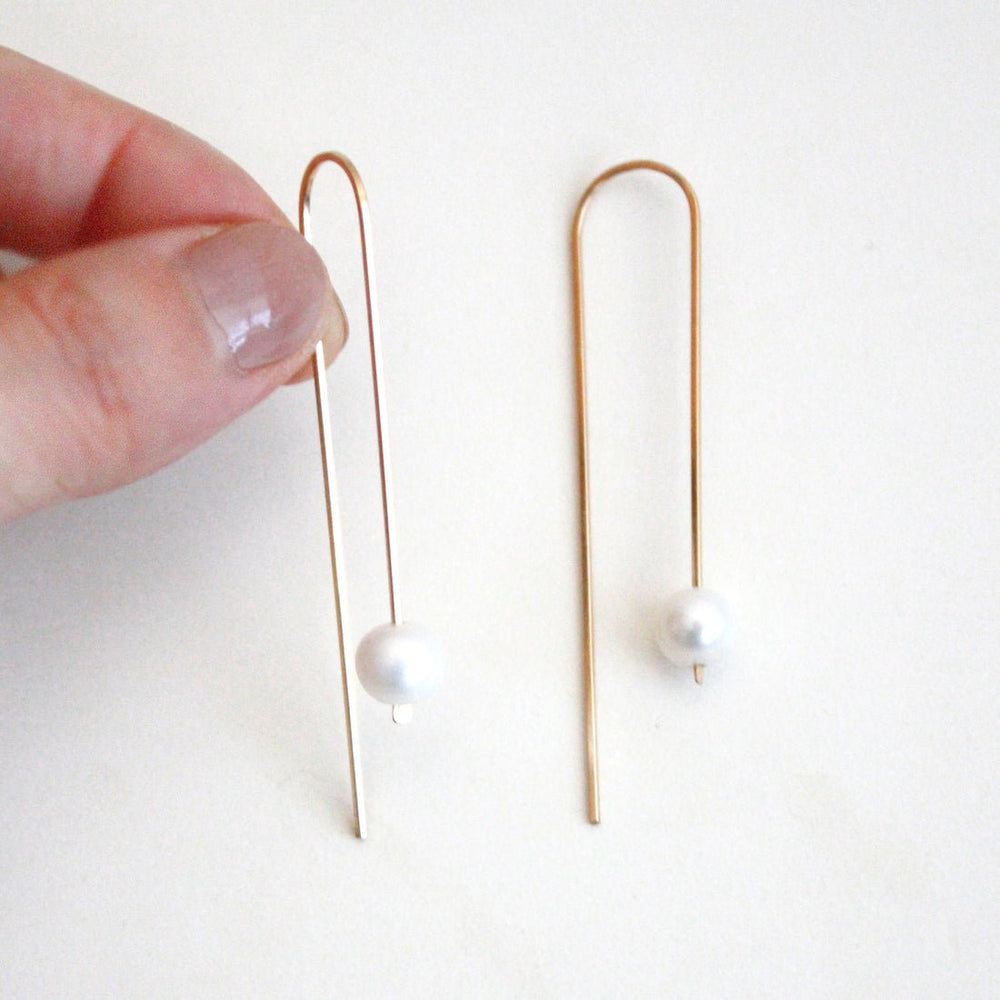 Long Arc Threader Earrings with Large Pearl
