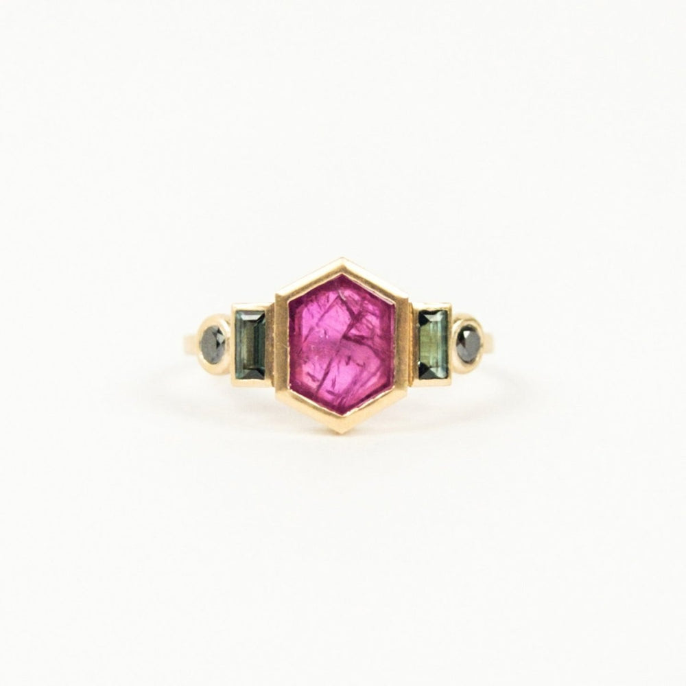 Natural Hexagonal Ruby / Tourmaline / Black Diamond Ring